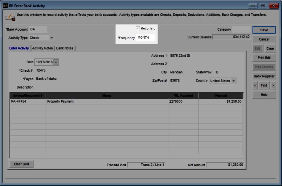 Enter Recurring Account Activity