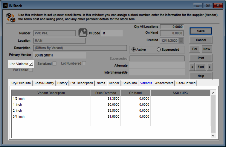 Setting up Stock Item Variants