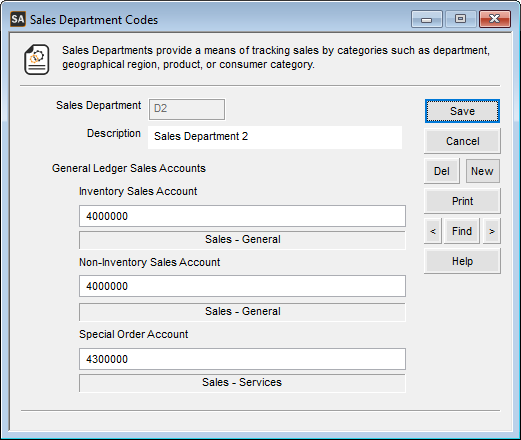 Adding Sales Department Codes