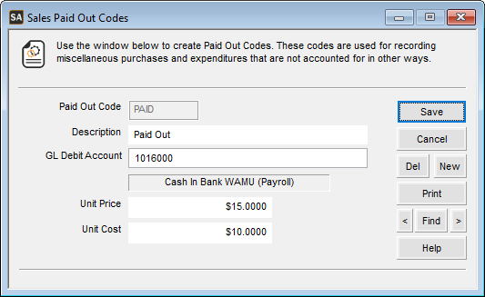 Paid Out Non-Inventory Codes